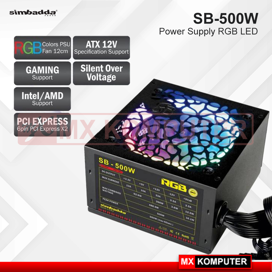 Power Suply Simbadda 500 Watt RGB LED PSU 500W | MX Komputer Jogja