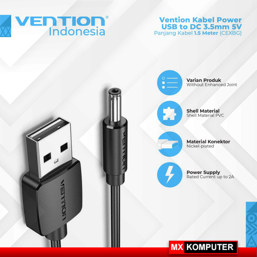 Vention Kabel Power USB to DC 3.5mm 5V 1M Hitam | MX Komputer Jogja