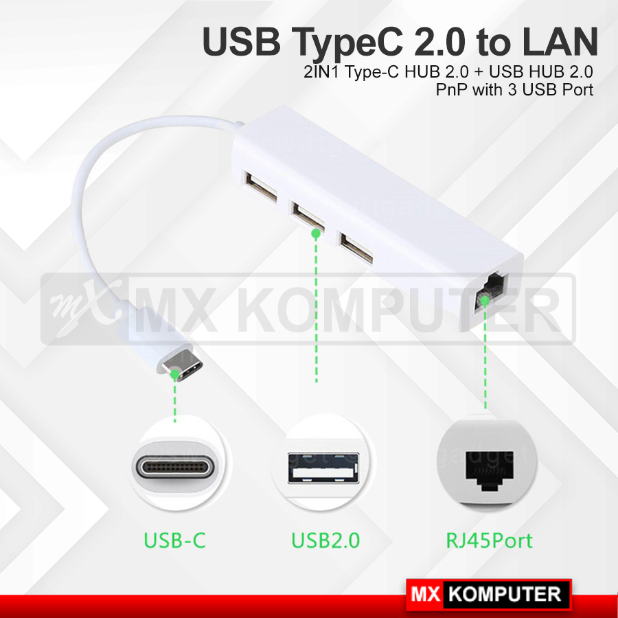 USB Type C LAN Ethernet Adaptor with 3 Port USB Hub 2.0 | MX Komputer Jogja