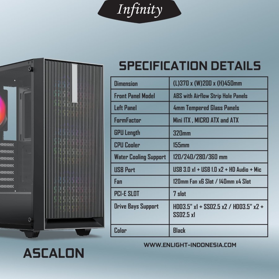 Casing Infinity ASCALON Tempered Glass ATX Gaming Case | MX Komputer Jogja