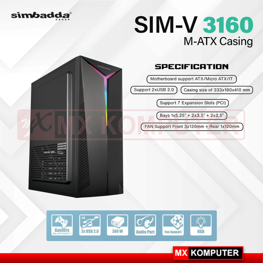 Casing Simbadda SIM V 3160 RGB + PSU 380Watt | MX Komputer Jogja